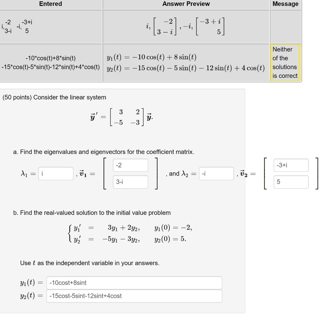 Solved (50 points) Consider the linear system y′=[3−52−3]y. | Chegg.com