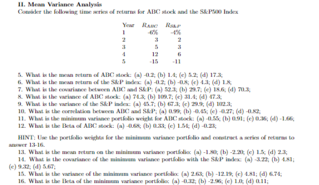 Solved II. ﻿Mean Variance AnalysisProvide step-by - ﻿step | Chegg.com