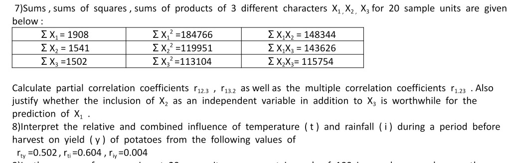 Solved 7)Sums, sums of squares , sums of products of 3 | Chegg.com