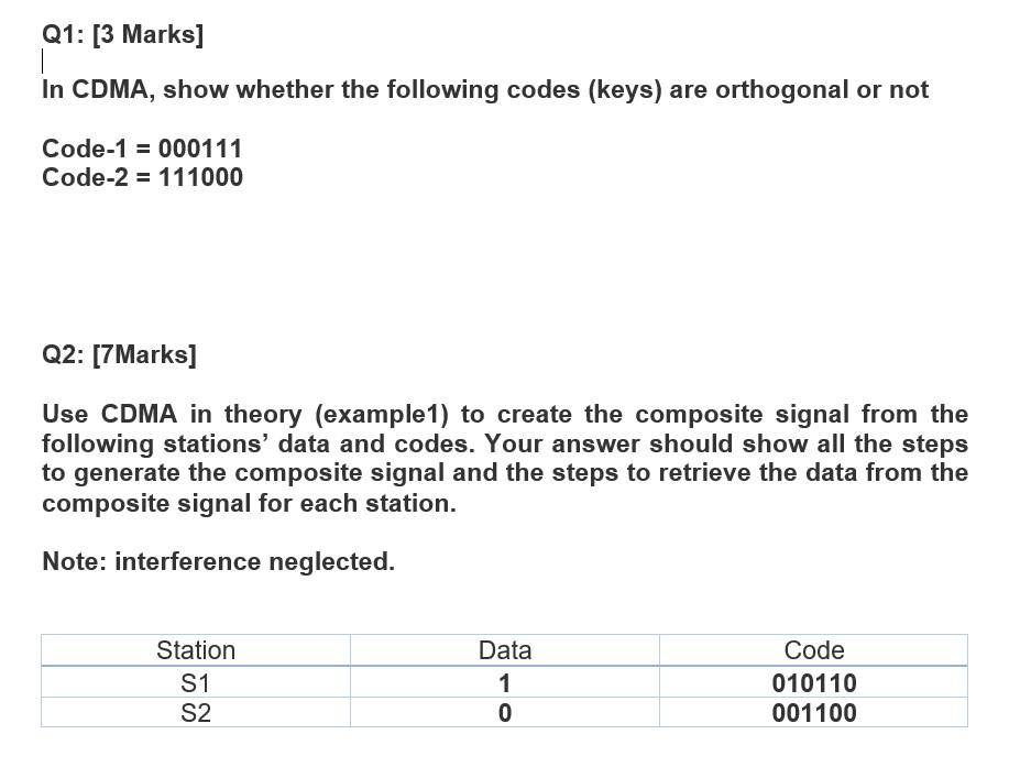 Solved Q1: [3 Marks] In CDMA, show whether the following | Chegg.com