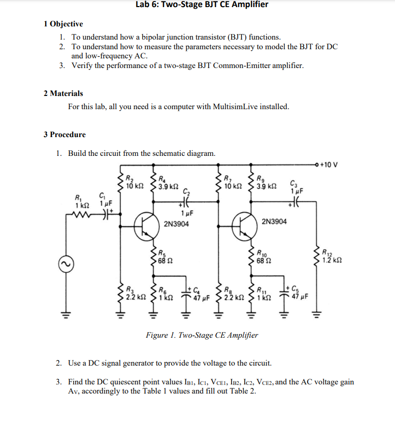 Lab 6: Two-Stage BJT CE Amplifier 1 Objective 1. To | Chegg.com