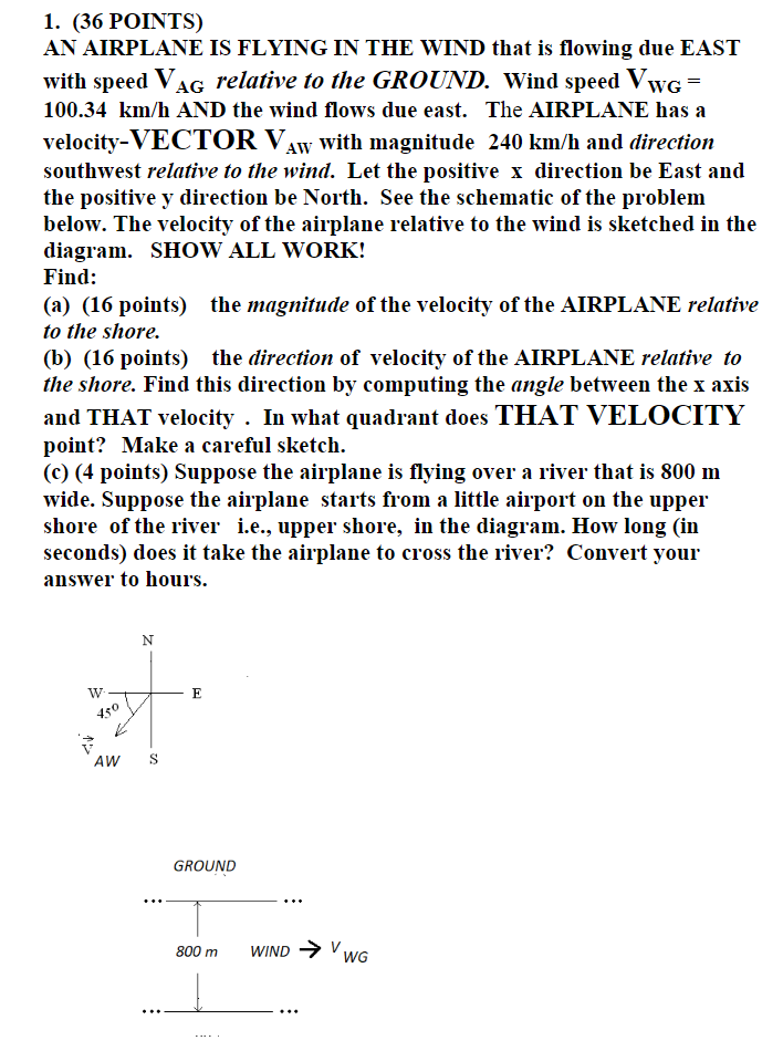 Solved 1. (36 POINTS) AN AIRPLANE IS FLYING IN THE WIND that | Chegg.com