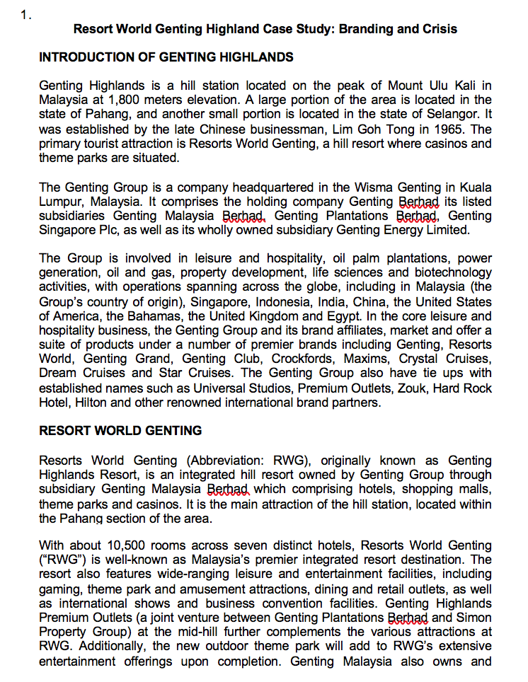 Solved 1. Resort World Genting Highland Case Study: Branding | Chegg.com