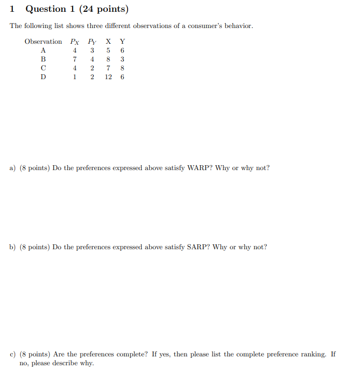 Solved 1 Question 1 (24 points) The following list shows | Chegg.com