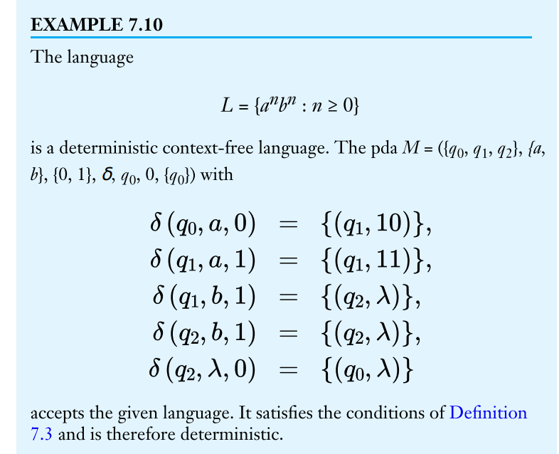 Solved In Example 7.10, add the rule δ(q₀, λ, 0) = {(q₂, | Chegg.com