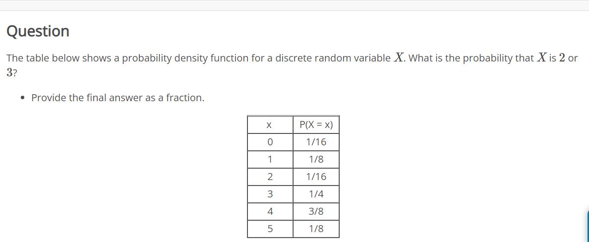 Solved Question The table below shows a probability density | Chegg.com