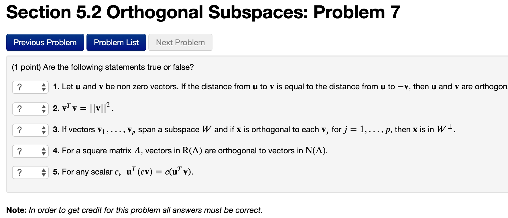 Solved Section 5.2 Orthogonal Subspaces: Problem 7 Previous | Chegg.com