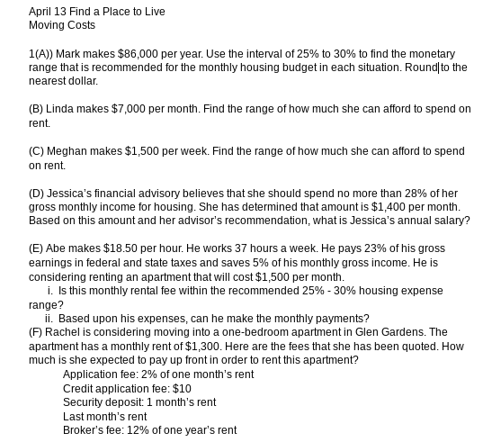 April 13 Find a place to Live Moving Costs 1(A)) Mark | Chegg.com