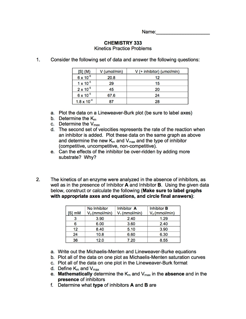 Name: CHEMISTRY 333 Kinetics Practice Problems 1. | Chegg.com