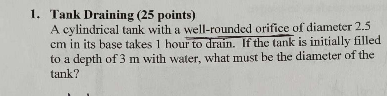 Solved 1. ﻿Tank Draining ( 25 ﻿points)A cylindrical tank | Chegg.com