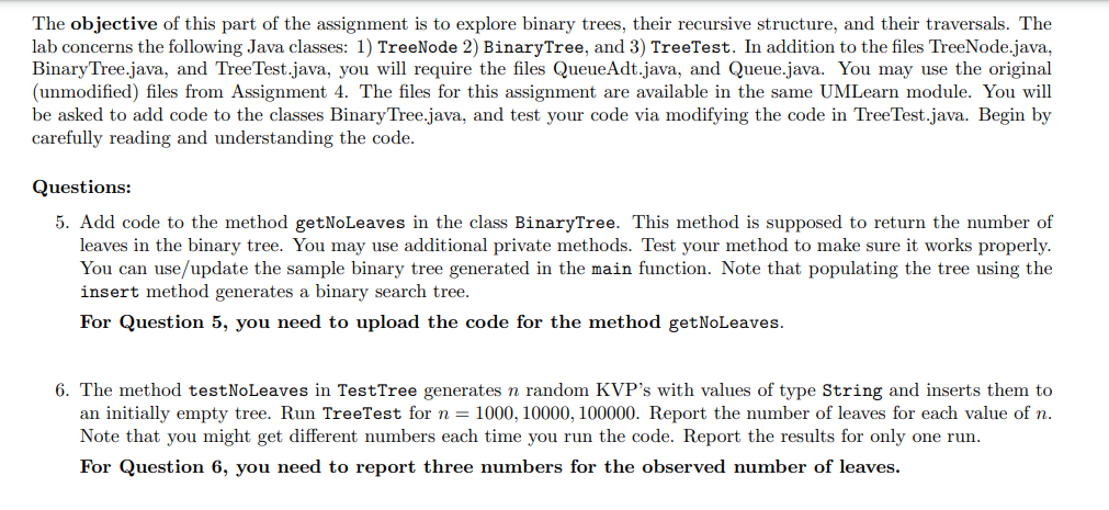 Add Code To The Classes Binarytreejava And Test