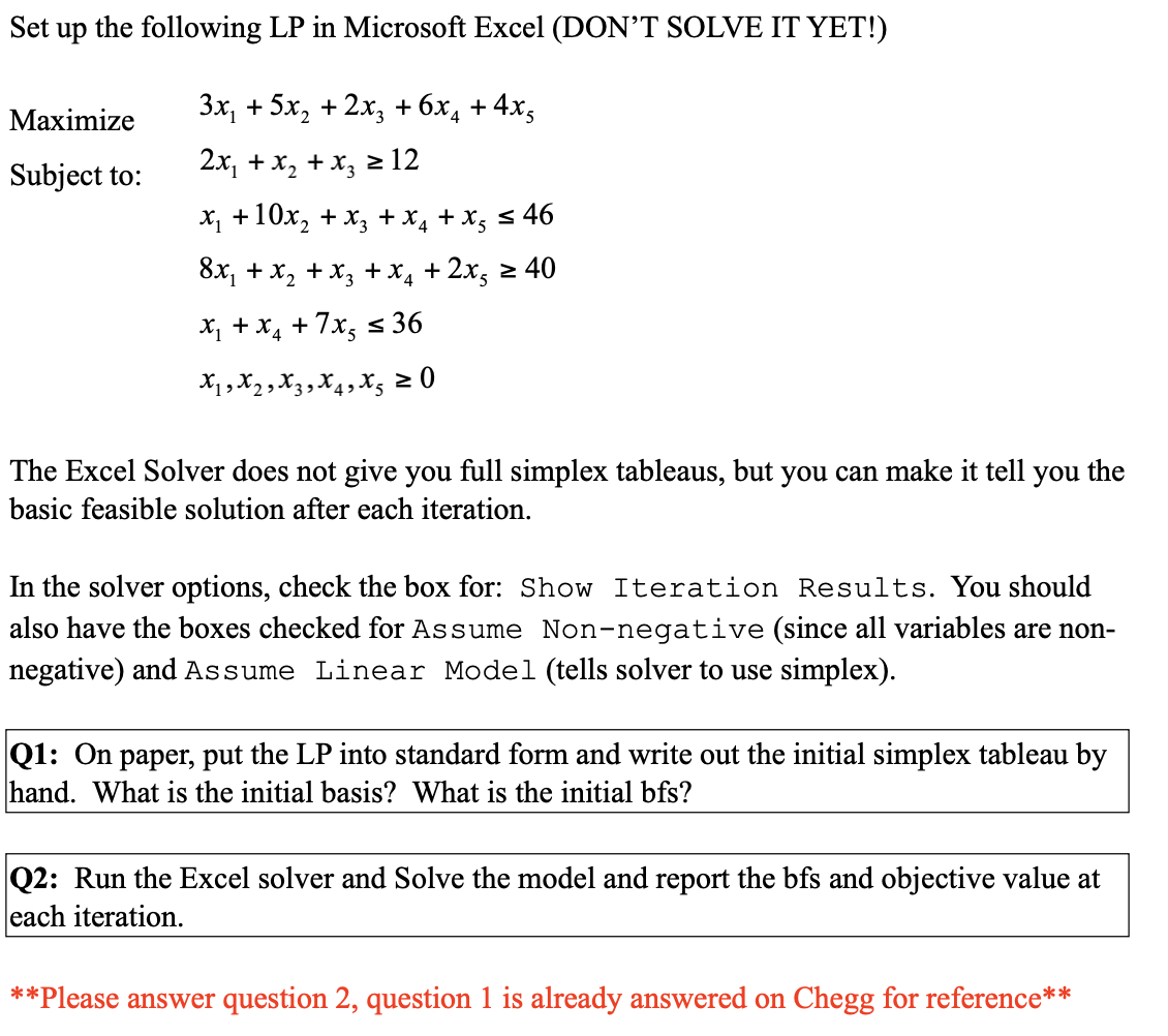 Set up the following LP in Microsoft Excel (DON'T | Chegg.com