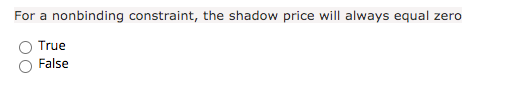Solved For a nonbinding constraint, the shadow price will | Chegg.com