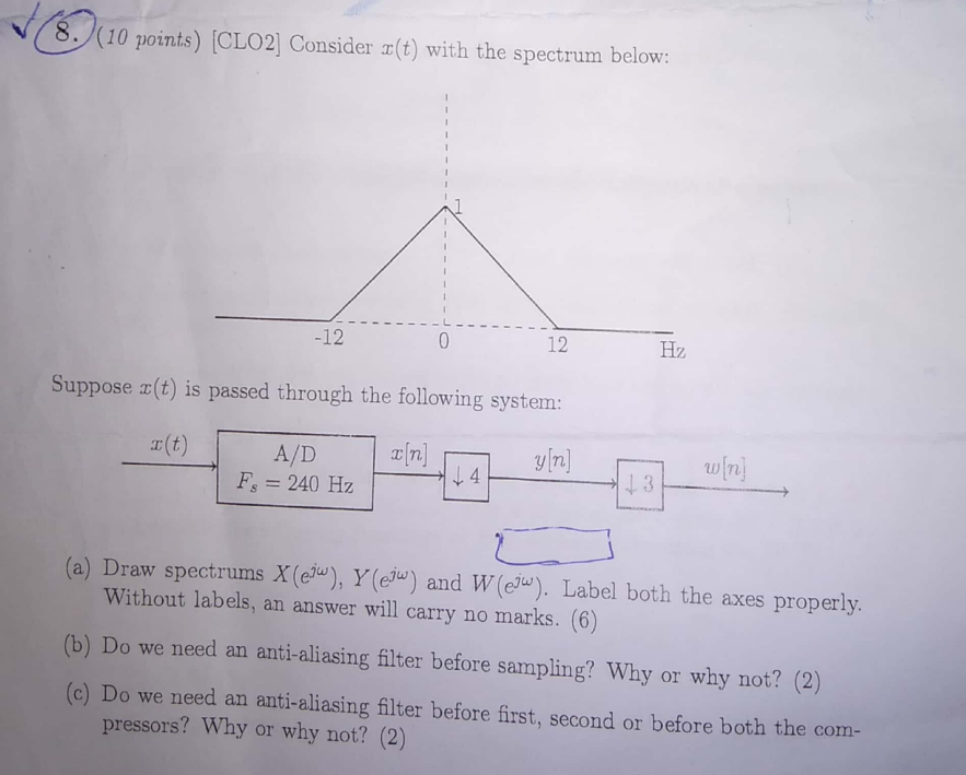 Solved 8. (10 points) [CLO2] Consider x(t) with the spectrum | Chegg.com