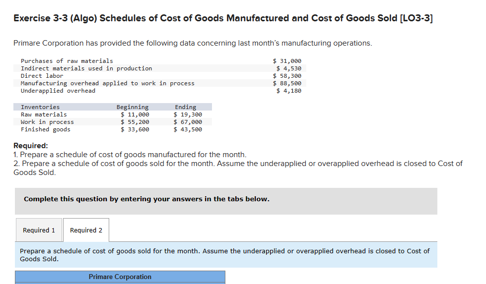 Solved Exercise 3-3 (Algo) Schedules of Cost of Goods | Chegg.com