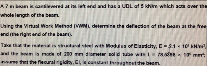 Solved A 7 m beam is cantilevered at its left end and has a | Chegg.com