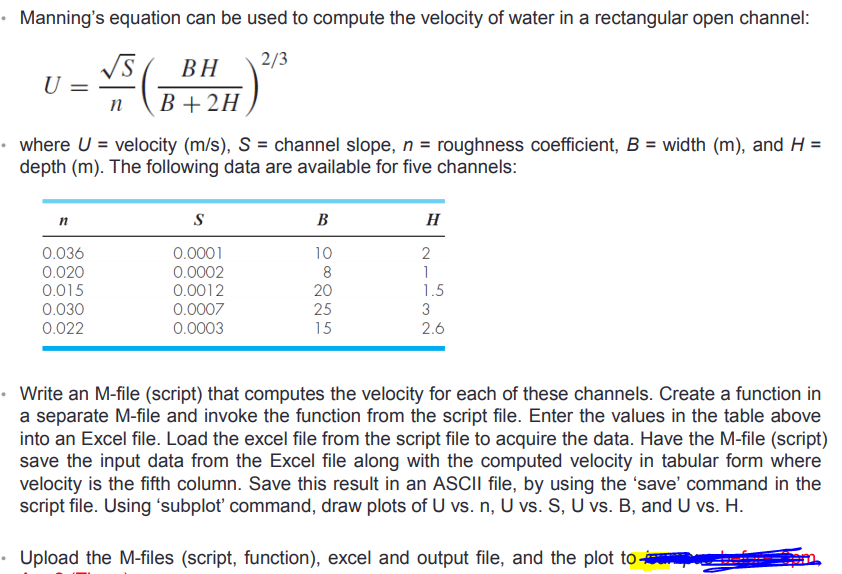Solved • Manning's equation can be used to compute the | Chegg.com