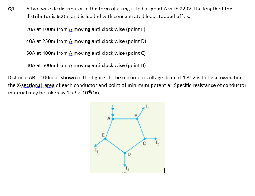 Solved Q1 A two wire dc distributor in the form of a ring is | Chegg.com