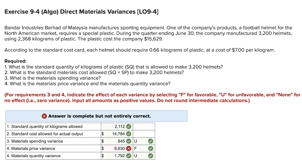Solved Exercise 9-4 (Algo) Direct Materials Variances | Chegg.com
