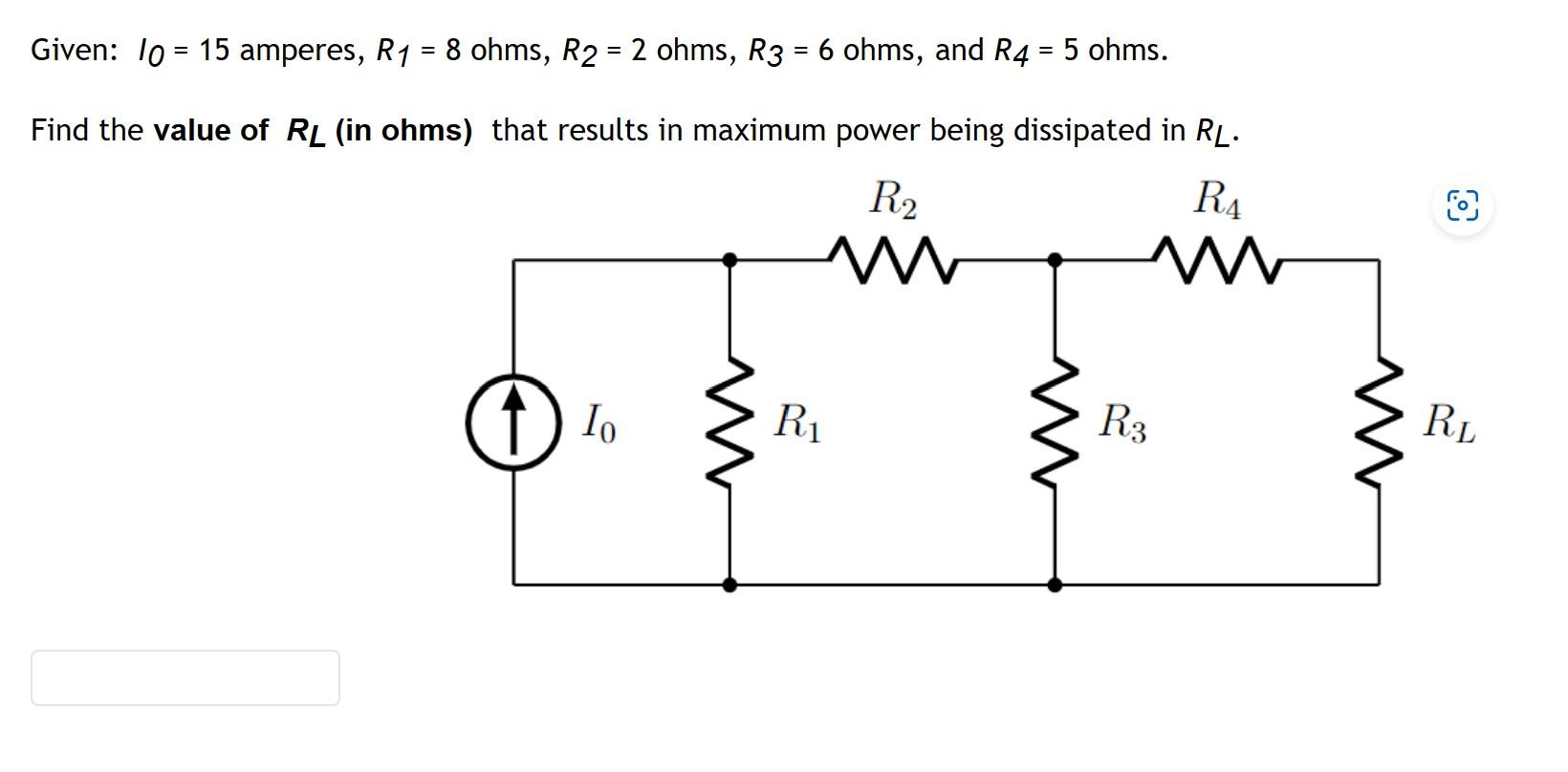 Solved Given: I0=15 amperes, R1=8 ohms, R2=2 ohms, R3=6 | Chegg.com
