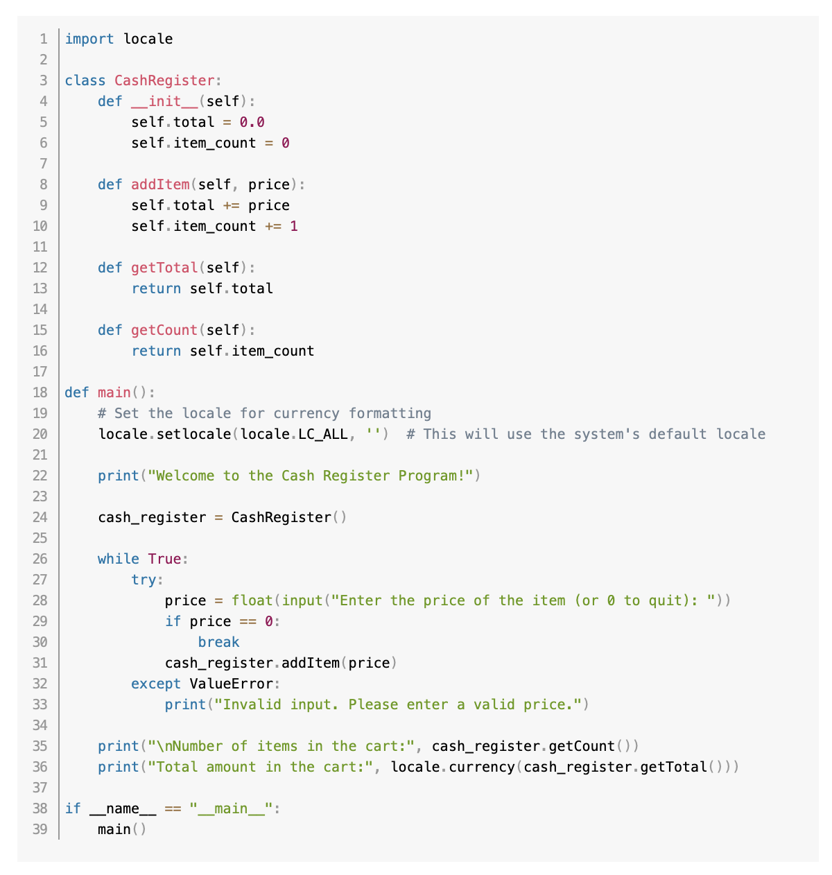 Solved import locale class CashRegister: def__init_(self): | Chegg.com