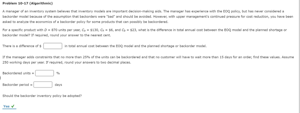 Solved Problem 10-17 (Algorithmic) A manager of an inventory | Chegg.com