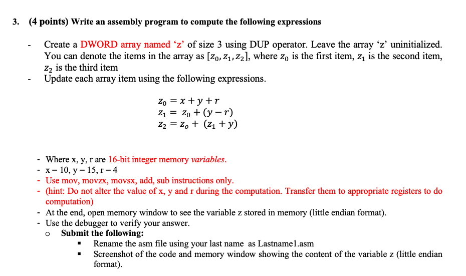 Solved (4 points) Write an assembly program to compute the | Chegg.com