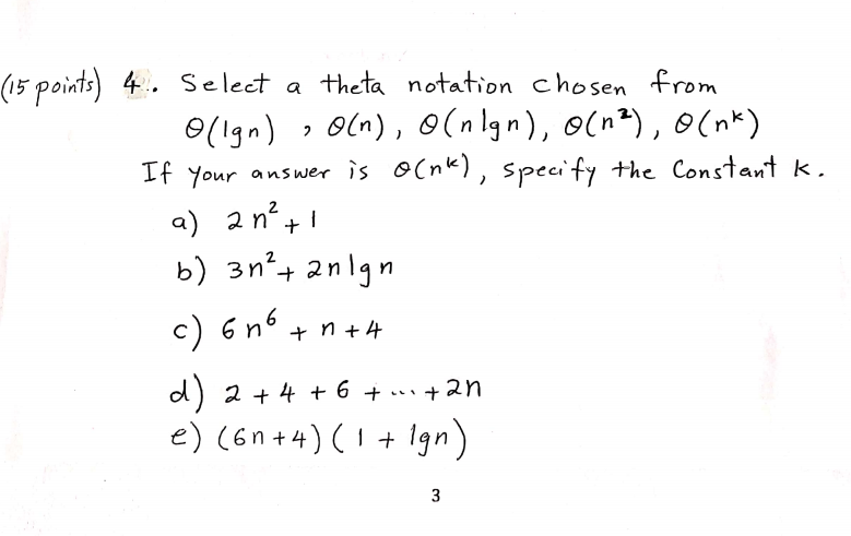 Solved (15 points) 4.. Select a theta notation chosen from | Chegg.com