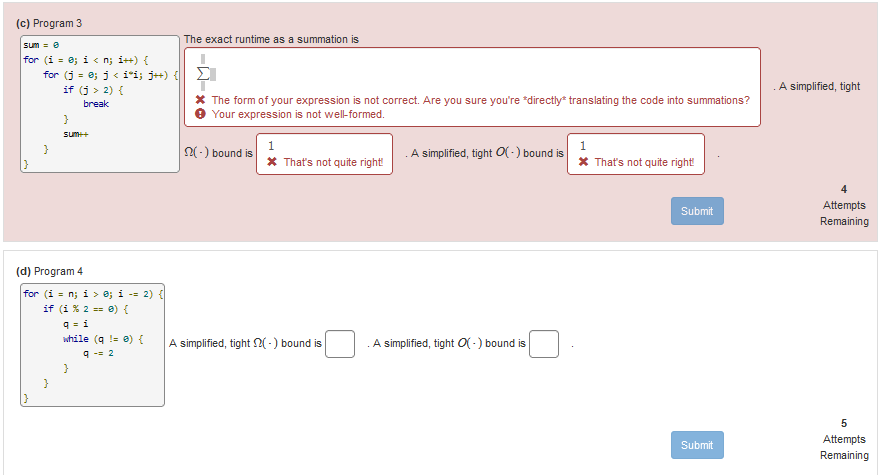 Solved (c) Program 3 The exact runtime as a summation is sum | Chegg.com