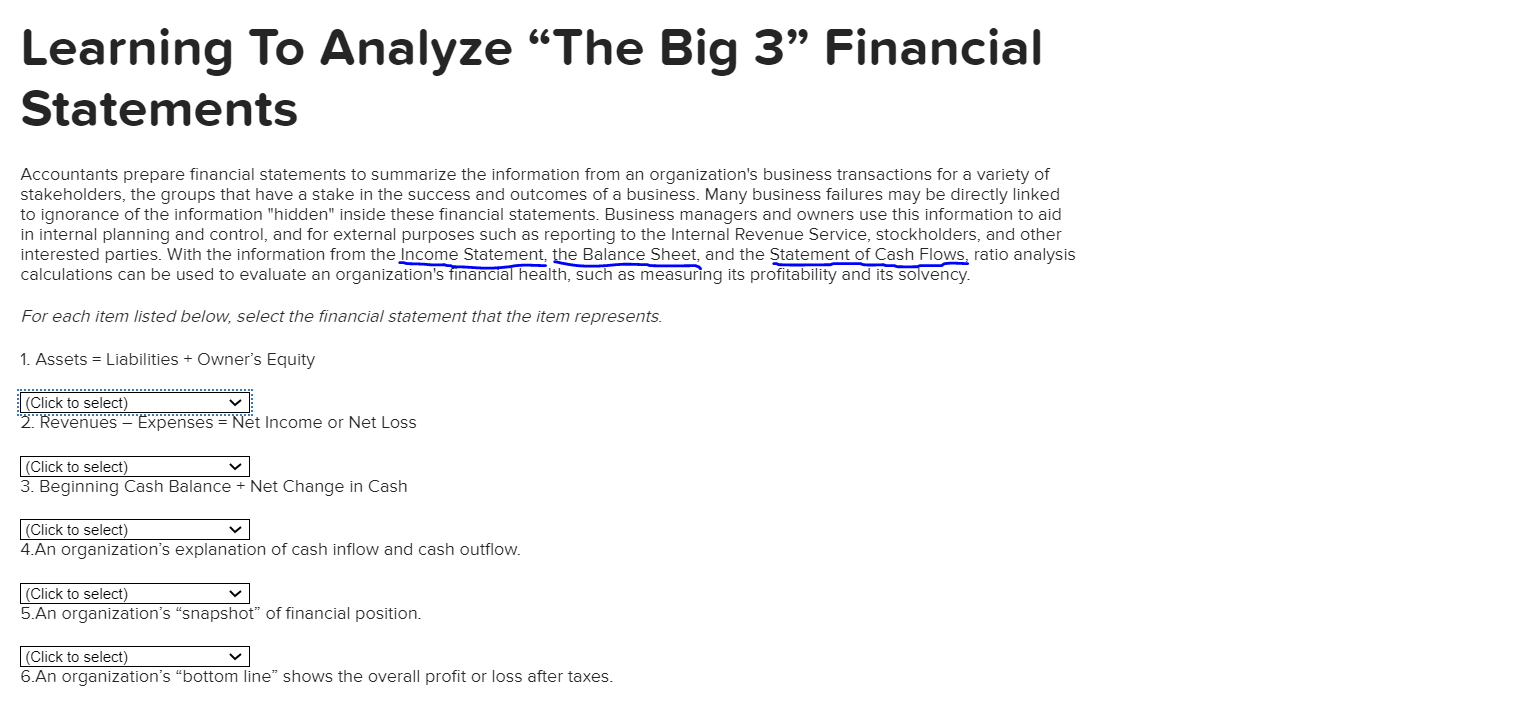 Solved Learning To Analyze "6The Big 399 Financial | Chegg.com