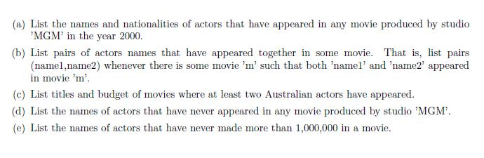 Solved Assume a database with the schema: ACTOR (name, | Chegg.com