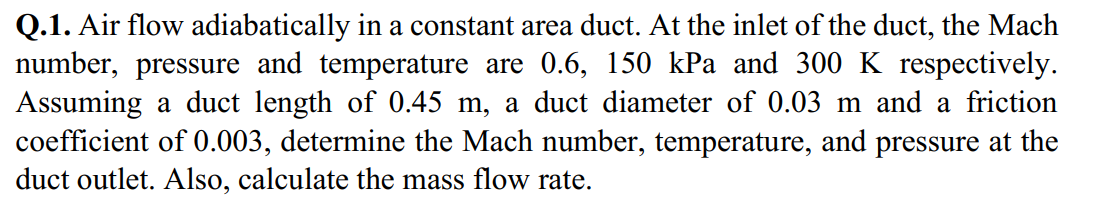 Solved Q.1. Air flow adiabatically in a constant area duct. | Chegg.com