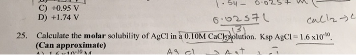 Solved Calculate the molar solubility of AgCl in a 0.10M | Chegg.com