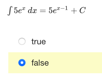 Solved ∫﻿﻿5exdx=5ex-1+Ctruefalse | Chegg.com