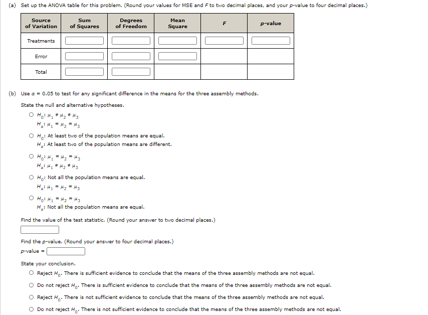 (a) Set up the ANOVA table for this problem. (Round | Chegg.com