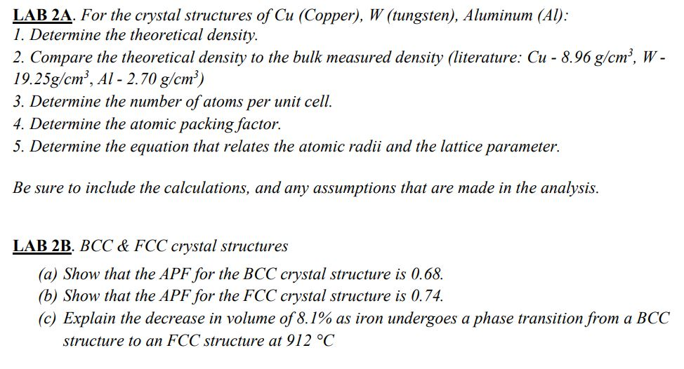 Solved LAB 2A. For the crystal structures of Cu (Copper), W | Chegg.com