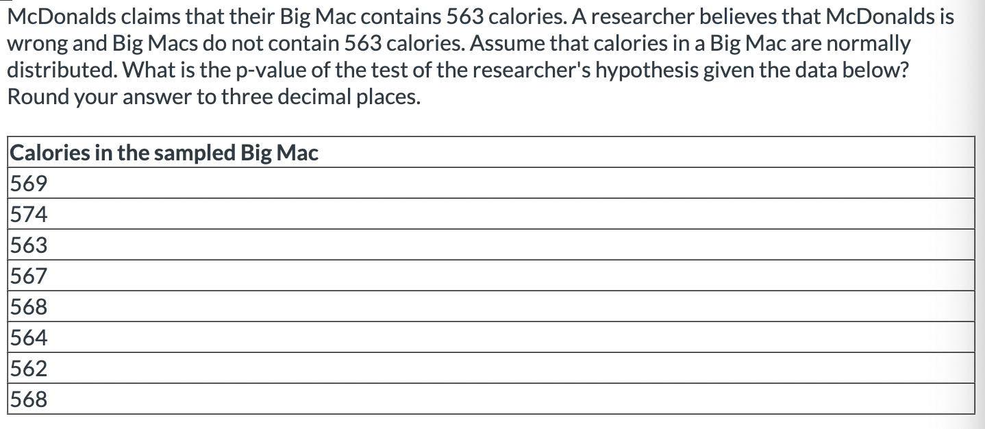 Solved McDonalds claims that their Big Mac contains 563 | Chegg.com