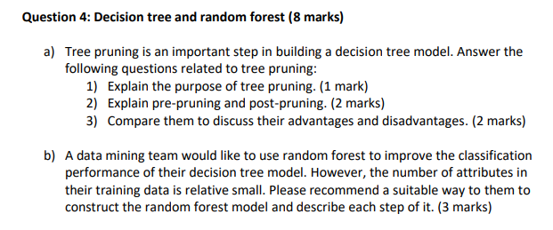 Solved Question 4: Decision tree and random forest (8 marks) | Chegg.com