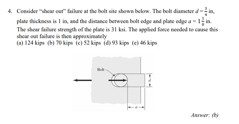 Solved 3 4. Consider “shear out” failure at the bolt site | Chegg.com
