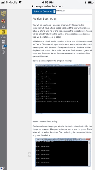l T-Mobile 6:55 PM a devryu.instructure.com Table of | Chegg.com