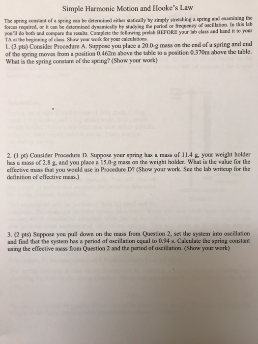 Solved Simple Harmonic Motion and Hooke's Law The spring | Chegg.com
