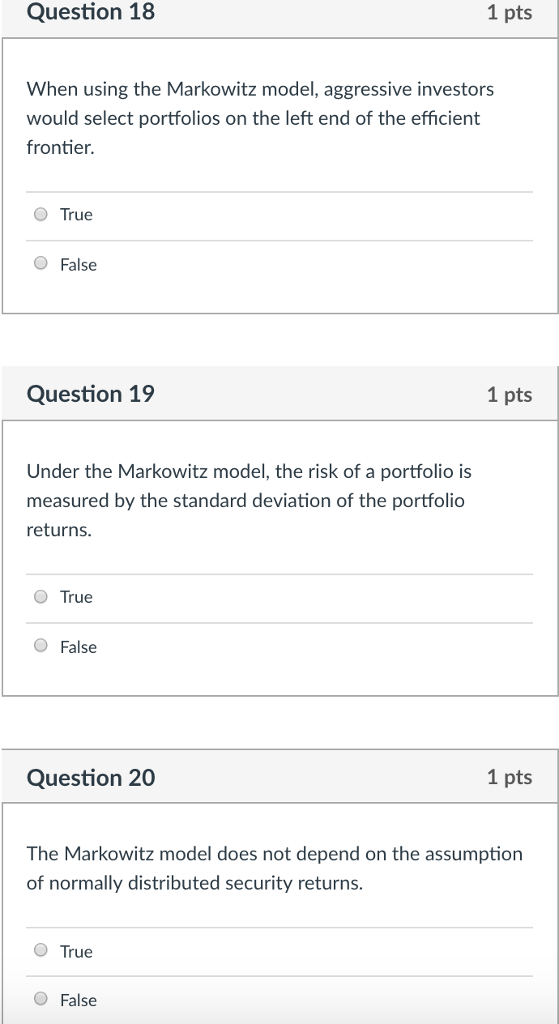 Solved Question 18 1 pts When using the Markowitz model, | Chegg.com