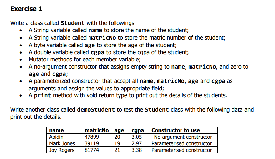 Solved Exercise 1 Write a class called Student with the | Chegg.com