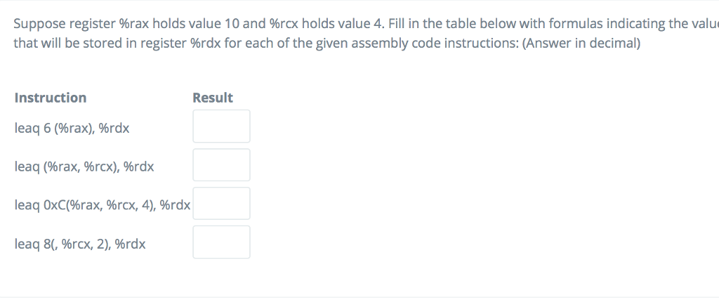 Solved Fill the table with the vaue that stored by the | Chegg.com