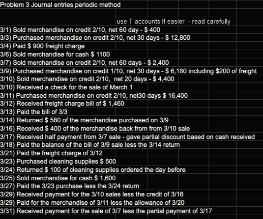 Solved Problem 3 Journal entries periodic method use T | Chegg.com