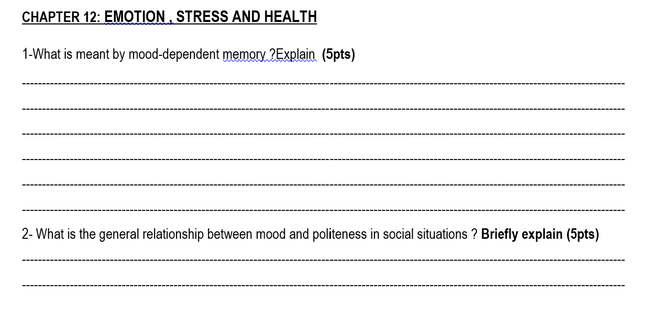 Solved CHAPTER 12: EMOTION, STRESS AND HEALTH 1-What is | Chegg.com