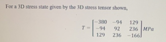 Solved For a 3D stress state given by the 3D stress tensor | Chegg.com