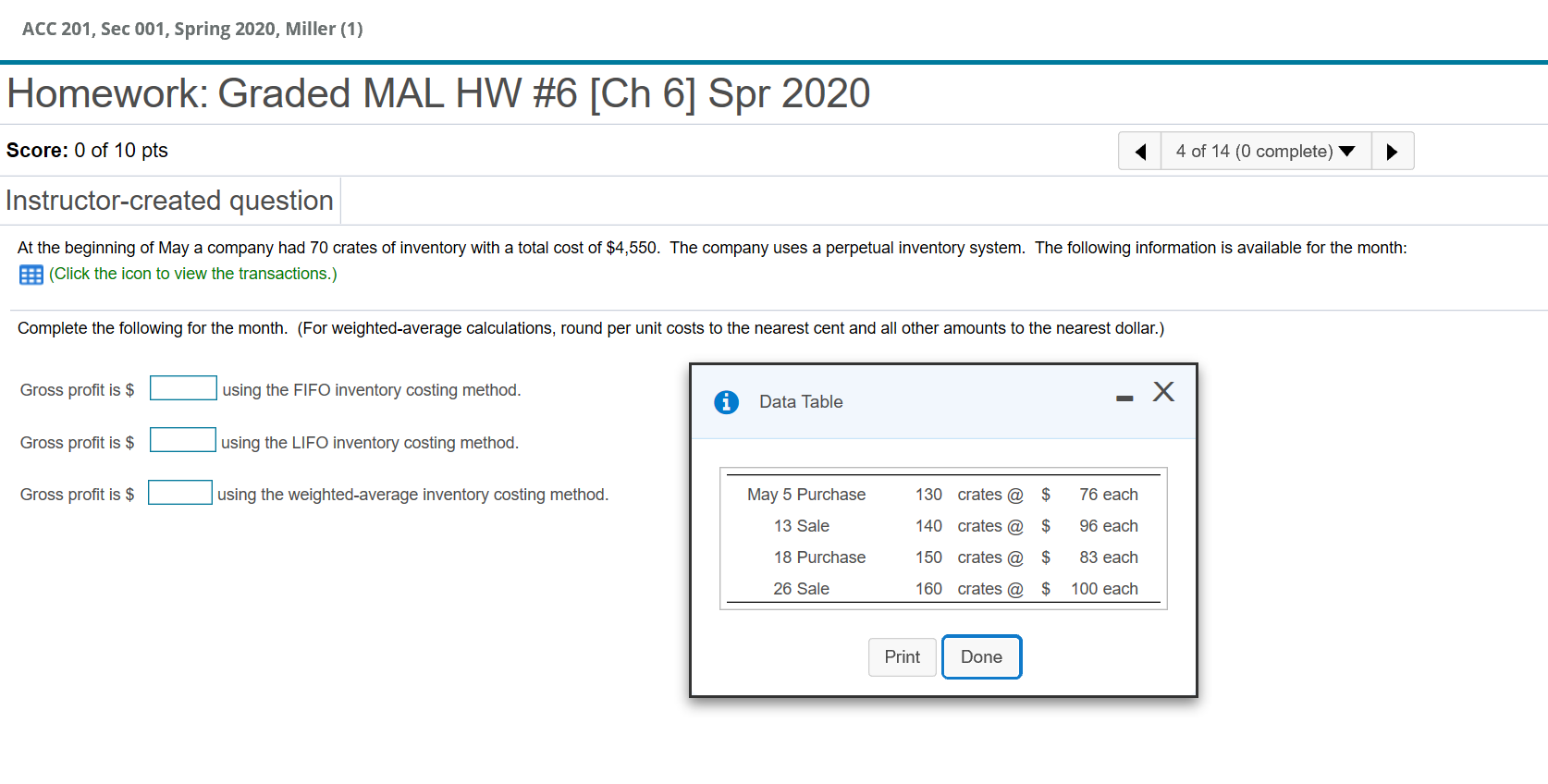 Solved ACC 201, Sec 001, Spring 2020, Miller (1) Homework: | Chegg.com