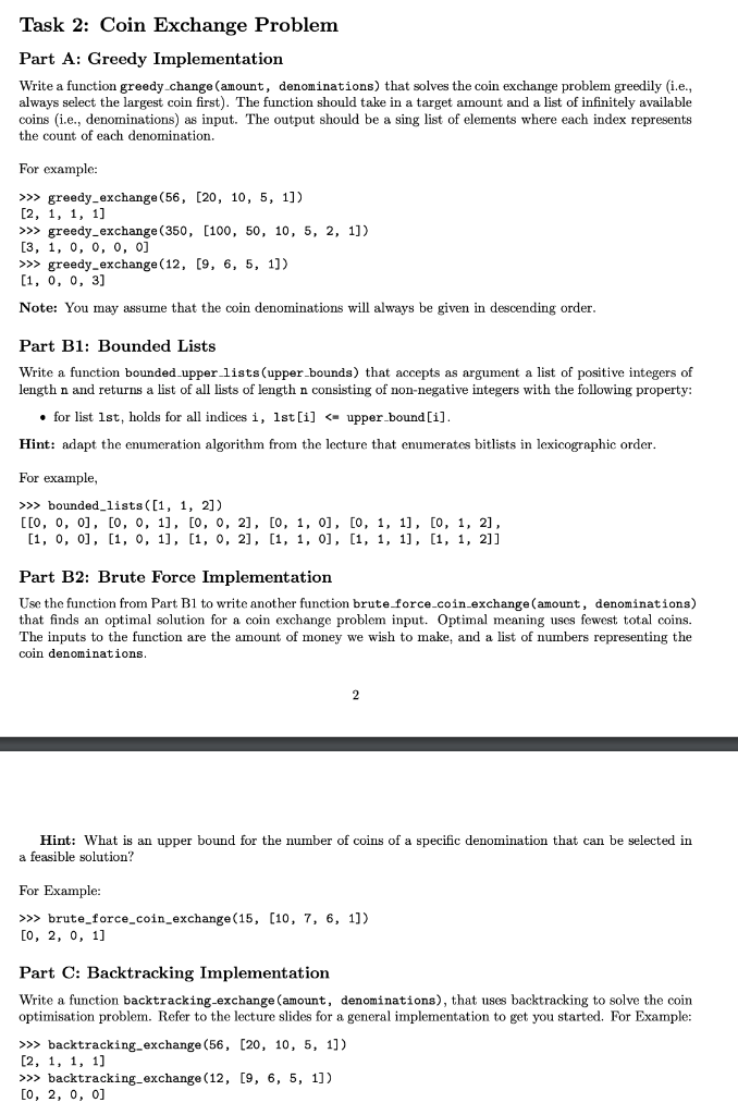 Solved Task 2: Coin Exchange Problem Part A: Greedy | Chegg.com