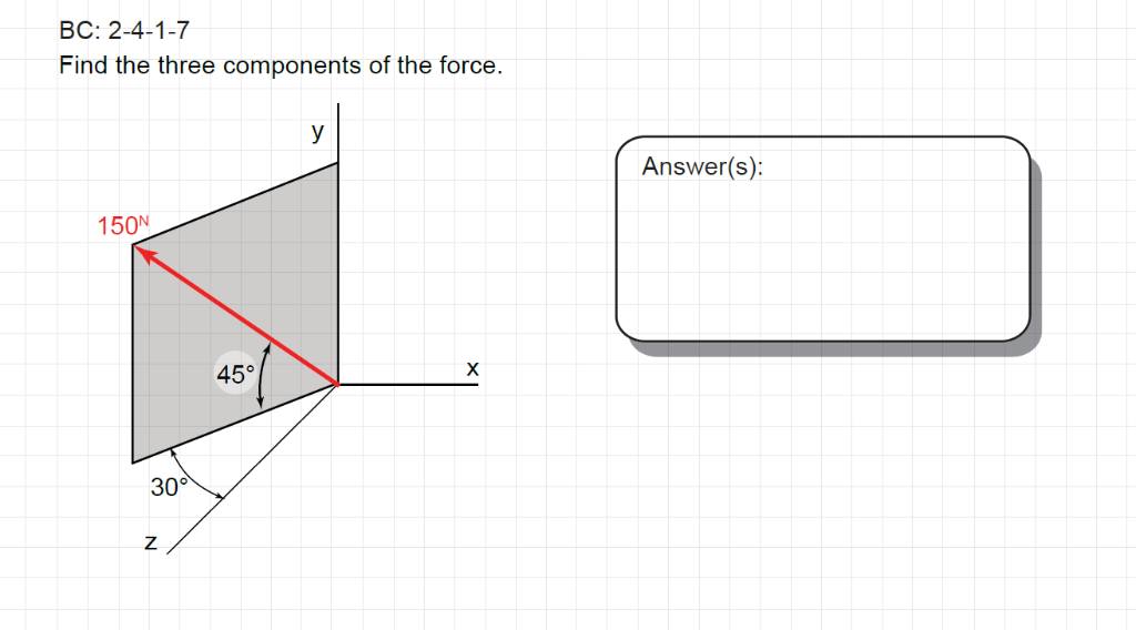Solved BC: 2-4-1-7 Find the three components of the force. | Chegg.com